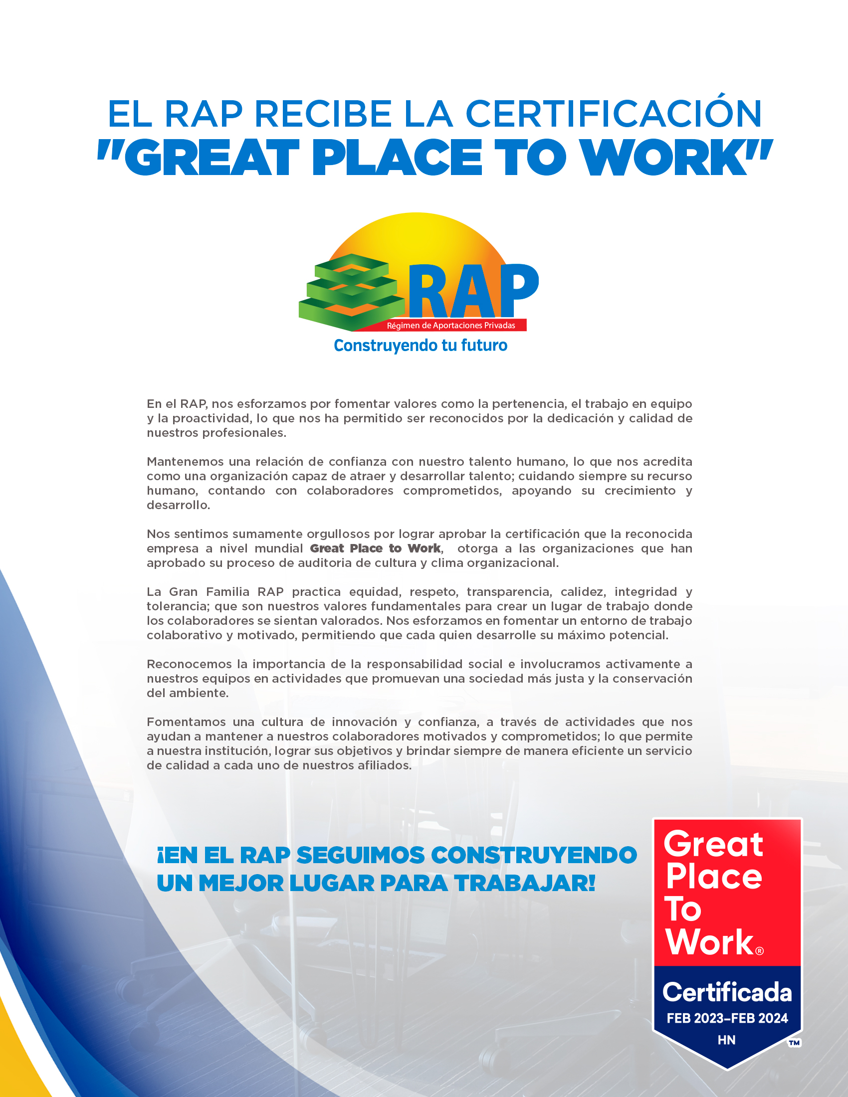 RAP | El Rap recibe la certificación «Great Place to Work»